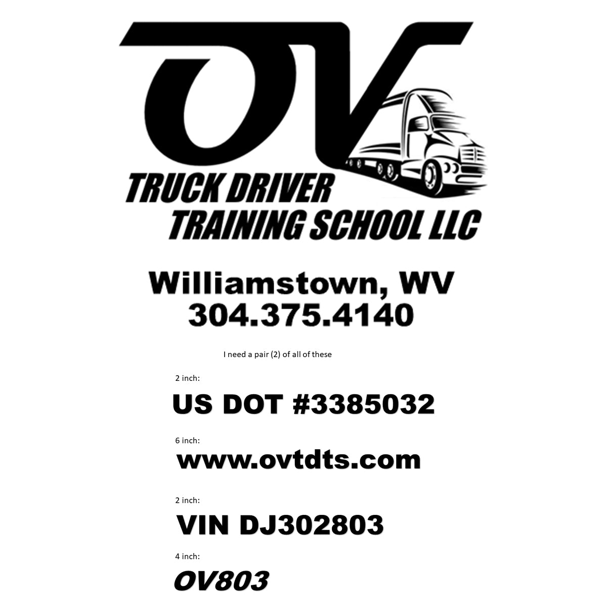 Custom Set of Custom Decals For OV Truck Driver Training School – Truck ...